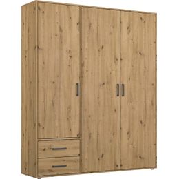Dreht&uuml;renschrank Rauch "Kleiderschrank Schrank Garderobe W&auml;scheschrank VOYAGER", braun (eiche artisan, griffe graumetallic), B:140cm H:194cm T:53cm, Holzwerkstoff, Schr&auml;nke, Dreht&uuml;renschrank, mit 2 modernen Griffvarianten, mit Au&szlig;enschubladen MADE IN GERMANY