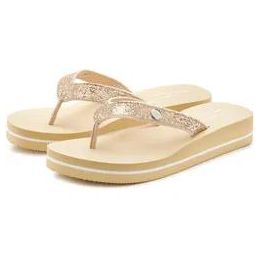 Badezehentrenner Venice Beach "Sandale, Badeschuh, Badelatsche, Flip Flop, Badeschlappe, Pantolette", Damen, Gr. 41, gold (goldfarben), Obermaterial: 100% Textilmaterial. Decksohle: 100% Synthetik. Futter: 100% Textilmaterial. Laufsohle: 100% Synthetik, Glitzer, unifarben, Schuhe, Zehentrenner mit wasserabweisender und leichter Sohle VEGAN, Topseller