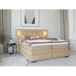 Boxspringbett OTTO HOME "MIVVA in der Breite 180cm, inkl. Bettkasten & Topper", beige, B:204cm L:215cm, Holz teilmassiv, Holzwerkstoff, Spanplatte, Komplettbetten, Boxspringbett, in H3, H4 oder Hmix H3/H4, wahlweise mit oder ohne LED-Leuchten
