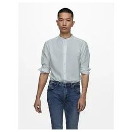Only & Sons Langarmhemd ONLY & SONS "ONSCAIDEN LS SOLID LINEN MAO SHIRT NOOS", Herren, Gr. L, N-Gr, blau (cashmere blau), Web, Obermaterial: 55% Baumwolle, 45% Leinen, unifarben, slim fit, Rundhals, 2-Knopf-Manschette, Hemden