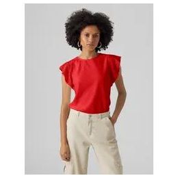 V&eacute;ro Moda Rundhalsshirt VERO MODA "VMTASSA SL FRILL TOP NOOS", Damen, Gr. S, rot (fiery rot), Jersey, Obermaterial: 95% Polyester, 5% Elasthan, unifarben, loose fit normal, Rundhals, Shirts Rundhalsshirt, Materialmix, loose fit