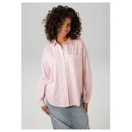 Hemdbluse Aniston CASUAL, Damen, Gr. 42, rosa (rosa, wei&szlig;), Web, Obermaterial: 72% Baumwolle, 27% Polyamid, 1% Elasthan, gestreift, oversize Po-bedeckend, 1-Knopf-Manschette, Blusen Hemdbluse, im Streifen-Dessin