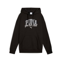 Kapuzensweatshirt Puma "CLASS RELAXED HOODIE FL", Damen, Gr. L, schwarz (Puma schwarz), Fleece, Obermaterial: 66% Baumwolle, 34% Polyester, bedruckt, relaxed fit normal, angesetztes B&uuml;ndchen, Sweatshirts Kapuzensweatshirt, mit grafischem Gummidruck, mit verstellbarer Kapuze