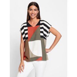 Druckbluse Heine, Damen, Gr. 46, bunt (terra, schlamm, bedruckt), 100% Viskose, bedruckt, gemustert, mehrfarbig, V-Ausschnitt, Blusen Druckbluse