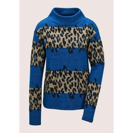 Madeleine Mode Langarmshirt MADELEINE "Sweatshirt Leo-Design Pullover mit Stehkragen", Damen, Gr. 38, blau (royalblau, multicolor), Obermaterial: 40% Polyamid PA. 35% Polyester PES. 25% Viskose CV., Modern, Shirts Langarmshirt