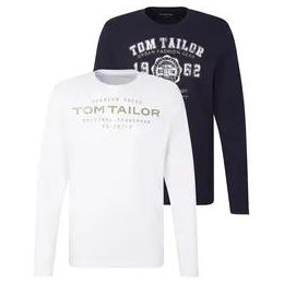 Langarmshirt Tom Tailor, Herren, Gr. 3XL, blau (knitted navy), Jersey, Obermaterial: 100% Baumwolle, bedruckt, regular fit taillenbedeckt, Rundhals, gerader Abschluss, Shirts Langarmshirt, 2er Pack / mit Logo Print