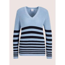 Madeleine Mode Longpullover MADELEINE "Strickpullover Moderner Strickpullover im Ringel-Design", Damen, Gr. 40/42, blau (bleu, marine), Obermaterial: 50% Baumwolle CO. 50% Polyacryl PAN., Modern, Pullover Longpullover, Edles Perlfang-Muster