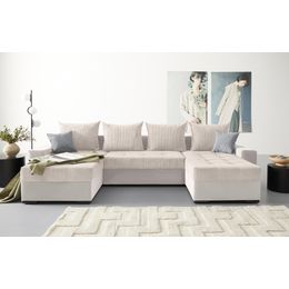 Wohnlandschaft Collection AB "Josy XL U-Form, B: 313 cm in Cord, Cord-Mix", beige (cremefarben), B:313cm H:84cm T:161cm, 100% Polyester, Sofas, Wohnlandschaft, mit Bettfunktion, Bettkasten & 2 Zierkissen, Federkern