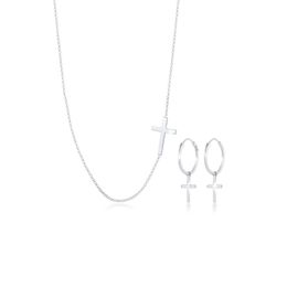 Ohrring und Ketten Set Elli "Schmuckset Kette Creolen Ohrringe Kreuz Religion 925 Silber" Gr. 45, silber, Schmuck_Sets, Damen, Blacklist, Silber 925 (Sterlingsilber), Ohrring und Ketten Set