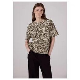 T-Shirt STREET ONE STUDIO, Damen, Gr. 42, braun (creamy braun), Stoff, 49% Polyester, 43% Viskose, 8% Elasthan, normal normal, Rundhals, B&uuml;ndchen, Shirts T-Shirt, im angesagten Leo-Look