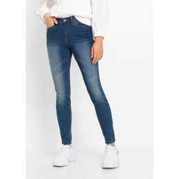 Skinny-fit-Jeans bonprix, Damen, Gr. 44, N-Gr, blau denim, Denim/Jeans, Obermaterial: 76% Baumwolle, 16% Polyester, 7% Viskose, 1% Elasthan, skinny fit, Jeans Skinny-fit-Jeans, Skinny-fit-Passform, verk&uuml;rztes 7/8-Bein, mit Five-Pocket-Style