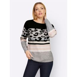 Jacquardpullover Heine "Pullover", Damen, Gr. 50, beige (schwarz, ecru, gemustert), 49% Polyacryl, 27% Polyester, 14% Polyamid, 6% Wolle, 4% Elasthan, gemustert, unifarben, Pullover Jacquardpullover