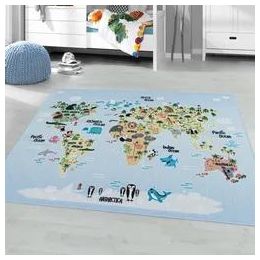 Kinderteppich Ayyildiz TEPPICHE "PLAY 2917", blau, B:100cm H:6mm L:150cm, Polyamid, Teppiche, Kinderteppich, robuster Kurzflor, bunte Weltkarte, Weltmeere, Tiere, Kinderzimmer