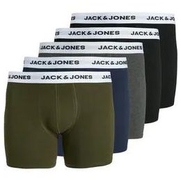 Jack & Jones PlusSize Boxershorts "JACBASIC WHITE WB TRUNKS 5 PACK NOOS PLS", Herren, Gr. 4XL, 5 Stk., schwarz (forest night pack:navy blazer, dgm, schwarz, schwarz), Jersey, Obermaterial: 95% Baumwolle, 5% Elasthan, JACK & JONES PLUSSIZE, unifarben, eng, Unterhosen, mit Logo Schriftzug