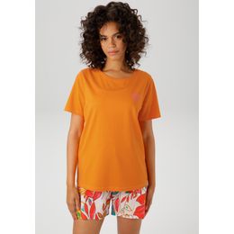 T-Shirt Aniston CASUAL, Damen, Gr. 40/42, orange (orange, pink), Single Jersey, Obermaterial: 100% Baumwolle, bedruckt, figurumspielend h&uuml;ftbedeckend, Rundhals, Shirts T-Shirt, mit gro&szlig;em Statement-Schriftzug im R&uuml;cken