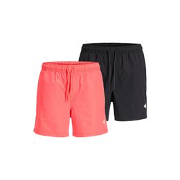 Jack & Jones Badeshorts JACK & JONES "Badeshorts JPSTMAUI TROPIC SOLID SWIM SHORTS MP 2P 2er Pack", Herren, Gr. S, N-Gr, bunt (orange, schwarz), Obermaterial: 100% Polyester PES., Badehosen Badeshorts