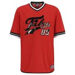 T-Shirt Fubu "Fubu Herren FM231-011-2 Fubu Varsity Lacquered Mesh Tee", Damen, Gr. M, rot, schwarz, 100% Polyester, bedruckt, oversize, Rundhals, Shirts T-Shirt