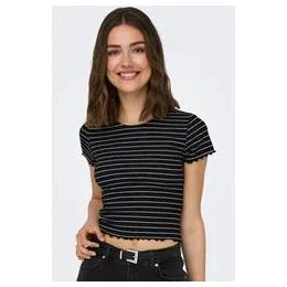 Rundhalsshirt Only "ONLEMMA STRIPE S/S TOP", Damen, Gr. XS (34), schwarz (schwarz stripes:cloud dancer), Jersey, Obermaterial: 65% Polyester, 30% Viskose, 5% Elasthan, gestreift, figurbetont kurz, Rundhals, gewellter Abschluss, Shirts Rundhalsshirt