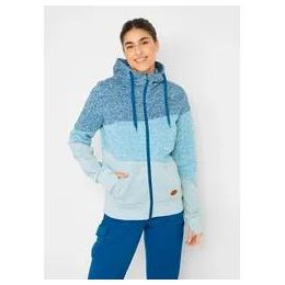 Kapuzenstrickjacke bonprix, Damen, Gr. 44/46 (L), blau (atlantikblau meliert), Strick, Obermaterial: 100% Polyester, meliert, bequem h&uuml;ftbedeckend, Rundhals, Rippb&uuml;ndchen mit Daumenl&ouml;chern, Strickjacken, mit Kapuze mit Kordelzug, bequeme Passform, colorblocking Look