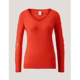 Madeleine Mode Longpullover MADELEINE "Pullover Pullover mit V-Ausschnitt und Spitzeneinsatz", Damen, Gr. 40/42, orange (blutorange), Obermaterial: 72% Viskose CV. 28% Polyamid PA., Modern, normal, Pullover Longpullover