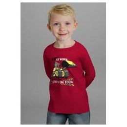 Langarmshirt Kidsworld "CONSTRUCTION crew on tour", Jungen, Gr. 128/134, rot, Single Jersey, Obermaterial: 100% Baumwolle, bedruckt, Basic, Rundhals, Shirts Langarmshirt, Cooler Bagger Druck