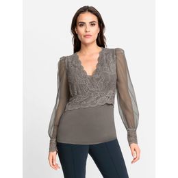 Spitzenshirt Heine "Spitzen-Shirt", Damen, Gr. 46, grau (taupe), 95% Viskose, 5% Elasthan, unifarben, V-Ausschnitt, Shirts Spitzenshirt