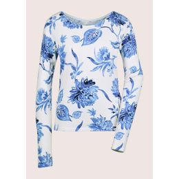 Madeleine Mode Longpullover MADELEINE "Pullover Rundhals-Pullover mit Floral-Print", Damen, Gr. 36/38, wei&szlig; (wei&szlig;, blau), Obermaterial: 71% Viskose CV. 29% Polyamid PA., Modern, normal, Pullover Longpullover