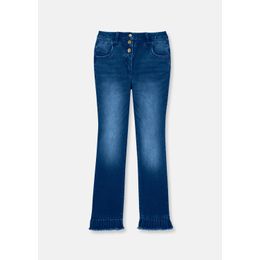 Madeleine Mode Regular-fit-Jeans MADELEINE "Jeans Jeans mit Plissee-Saum", Damen, Gr. 19, N + K Gr, blau, Obermaterial: 98% Baumwolle CO. 2% Elasthan EL., Jeans Regular-fit-Jeans
