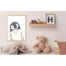 Bild mit Rahmen queence "Pinguin", schwarz (farbe rahmen: natur, braun, beige, farbe bild(er): schwarz), B:40cm H:50cm T:1,5cm, Holz, Plexiglas, Bilder, Bild mit Rahmen, HD Premium Posterdruck mit Echtholzrahmen