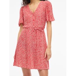 Minikleid Vila "VIGRACE V-NECK S/S SHORT DRESS - NOOS", Damen, Gr. 34, N-Gr, hibiscus aop:dot sandshell, Web, Obermaterial: 100% Viskose, bedruckt, regular fit kurz, V-Ausschnitt, Kleider Minikleid, Sommerkleid