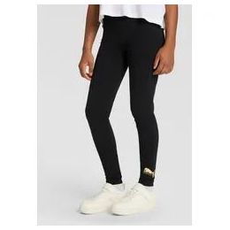 Leggings Puma "ESS METALLIC LEGGINGS G", M&auml;dchen, Gr. 128, N-Gr, schwarz (Puma schwarz, metallic gold), Jersey, Obermaterial: 95% Baumwolle, 5% Elasthan, bedruckt, schmal normal, Hosen Leggings, mit Print-Applikation, aus Baumwolle und Elasthan, pflegeleicht