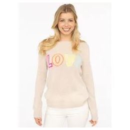 Kaschmirpullover Zwillingsherz "LOVE" wording", Damen, Gr. XL, hellbeige, Strick, Obermaterial: 100% Kaschmir, bequem h&uuml;ftbedeckend, Rundhals, gerader Abschluss, Pullover, Rundhals, mit LOVE Aufschrift in Neonfarbe
