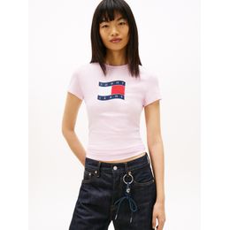T-Shirt Tommy Jeans "TJW SLIM WAVY FLAG TEE EXT", Damen, Gr. XS (34), pearly pink, Single Jersey, Obermaterial: 100% Baumwolle, bedruckt, slim fit h&uuml;ftlang, Rundhals, abgesteppte Kante, Shirts T-Shirt, mit Rundhalsausschnitt