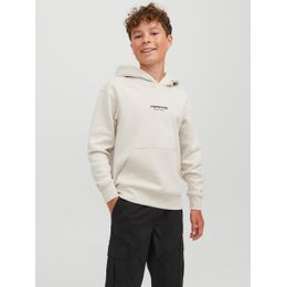 Jack & Jones Kapuzensweatshirt JACK & JONES JUNIOR "JORVESTERBRO SWEAT HOOD NOOS JNR", Jungen, Gr. 128, wei&szlig; (moonbeam), angeraute Sweatware, Obermaterial: 70% Baumwolle, 30% Polyester, bedruckt, loose fit normal, Rippb&uuml;ndchen, Sweatshirts Kapuzensweatshirt
