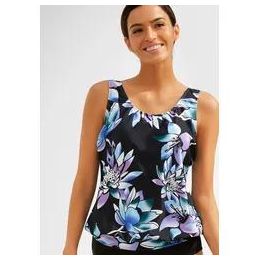 Tankini-Top bonprix "Oversize-Tankinioberteil mit B&uuml;ndchen", Damen, Gr. 40, N-Gr, schwarz (schwarz, blau gebl&uuml;mt), Elasthan, Polyamid, Polyester, bedruckt, gebl&uuml;mt, Bikini-Oberteile, Oversize-Passform, B&uuml;ndchen am Saum, rundum bedrucktes Design