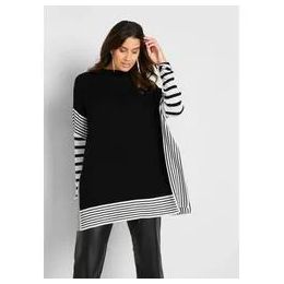 Longpullover bonprix, Damen, Gr. 40/42 (M), schwarz (schwarz, wollwei&szlig;), Feinstrick, Obermaterial: 80% Viskose, 20% Polyamid, mehrfarbig, oversize ca. Mitte Oberschenkel, Rundhals, Pullover Longpullover, Viskose-Strick, mit Stehkragen, im Poncho-Stil