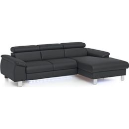 Ecksofa COTTA "Komaris L-Form, B: 244 cm", schwarz, B:244cm H:72cm T:166cm, Microfaser PRIMABELLE (100% Polyester);Kunstleder SOFTLUX(100%Polyurethan);Feinstruktur (100% Polyester);Kunstleder SOFTLUX/Struktur (100%Polyurethan, 90%Polyester, 10% Polyacryl), Sofas, Ecksofa, mit Kopfteilverstellung, optional Bettfunktion, Bettkasten & Licht