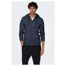 Only & Sons Kapuzensweatjacke ONLY & SONS "ONSCERES ZIP THR. HOODIE SWEAT NOOS", Damen, Gr. XXL, blau (blau nights), angeraute Sweatware, Obermaterial: 65% Baumwolle, 35% Polyester, unifarben, regular fit normal, ohne Ausschnitt, Rippb&uuml;ndchen, Sweatjacken