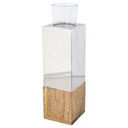Teelichthalter CREATIV HOME "Kerzenhalter Tower", silber (silberfarben), B:8cm H:28cm T:8cm, Edelstahl, Glas, Massivholz, Kerzenhalter, Teelichthalter, aus Holz, Edelstahl und Glas