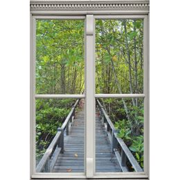 Wandsticker queence "Br&uuml;cke im Wald", gr&uuml;n, B:40cm H:60cm T:0,1cm, Wandtattoos, Wandsticker, Wandsticker, Wandbild, selbstklebend, 3D, Fenster