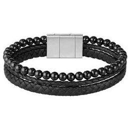 Lederarmband BOSS "SPHERE MIXED", edelstahlfarben, schwarz, schwarz, Armb&auml;nder, Damen, 19cm, Edelstahl Leder, Edelstahl, Leder, Lederarmband, mit Onyx oder Tigerauge