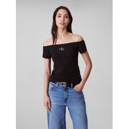 Blusentop Calvin Klein Jeans "MNGRM OFF SHLDR STRT", Damen, Gr. XS (36), schwarz, Web, Obermaterial: 95% Baumwolle, 5% Elasthan, unifarben, k&ouml;rpernah normal, tiefer Rundhals, abgesteppte Kante, Blusen Blusentop, Mit tiefem Rundhalsausschnitt
