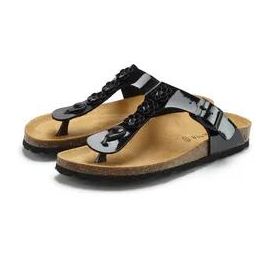 Zehentrenner Lascana "Sandale, Pantolette, offener Schuh, Sommerschuh", Damen, Gr. 41, schwarz lack, Obermaterial: 100% Lederimitat. Decksohle: 100% Rindsleder. Futter: 100% Textilmaterial. Laufsohle: 100% Synthetik, gl&auml;nzend, Schuhe Zehentrenner, mit komfortablem Korkfu&szlig;bett