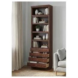 B&uuml;cherregal Home Affaire "Soeren Regal mit 5 breiten Schubk&auml;sten in geteilter Optik", dunkelbraun, B:80cm H:220cm T:29cm, Massivholz, Regale, B&uuml;cherregal, T/H: 80/29/220 cm, Kiefer FSC-zertifiziert, elegante Metallgriffe