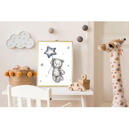 Bild mit Rahmen queence "Kleiner Tiger mit Ballon", grau (farbe rahmen: natur, braun, beige, farbe bild(er): grau), B:50cm H:70cm T:1,5cm, Holz, Plexiglas, Bilder, Bild mit Rahmen, HD Premium Posterdruck mit Echtholzrahmen