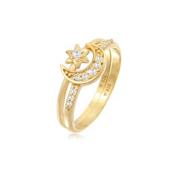 Ring-Set Elli "Ring Stern Mond Zirkonia Stapelring 2er Set 925 Silber" Gr. 54, gold, Fingerringe, Damen, 54,mit Stein, Silber 925 (Sterlingsilber), 8mm, Ring-Set