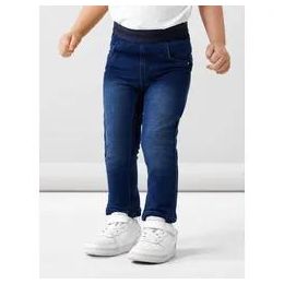 Jeansleggings name it "NMFSALLI SLIM SWE JEANS 1190-BO NOOS", M&auml;dchen, Gr. 62, N-Gr, blau (dunkelblau denim), Sweatware, Obermaterial: 95% Baumwolle, 5% Elasthan, kontrastfarbene Details, leichte Abriebeffekte, unifarben, slim fit lang, Jeans