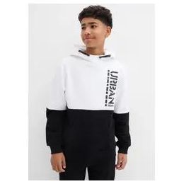 Kapuzensweatshirt bonprix "Hoodie aus reiner Baumwolle", Jungen, Gr. 152/158, wei&szlig; (wei&szlig;, schwarz bedruckt), Sweatware, Obermaterial: 100% Baumwolle, normal h&uuml;ftbedeckend, Rundhals, B&uuml;ndchen, Sweatshirts, normale Passform, modernes Colorblocking-Design, aus Baumwolle