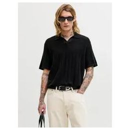 Jack & Jones Polokragenpullover JACK & JONES "JJEBRADLEY KNIT SPLIT NECK SS SN", Herren, Gr. M, schwarz, Strick, Obermaterial: 100% Baumwolle, unifarben, normal, V-Ausschnitt, Pullover, Baumwolle