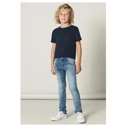 Slim-fit-Jeans name it "NKMTHEO XSLIM SWE JEANS 3113-TH NOOS", Jungen, Gr. 122, N-Gr, blau (light blau denim), Denim/Jeans, Obermaterial: 70% Baumwolle, 27% Polyester, 3% Elasthan, Abriebeffekte, slim fit lang, Jeans Slim-fit-Jeans